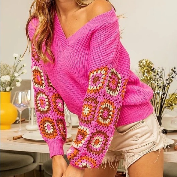 Anthropologie | Sweaters | Fuchsia Crochet Knit Granny Sleeve V Neck ...